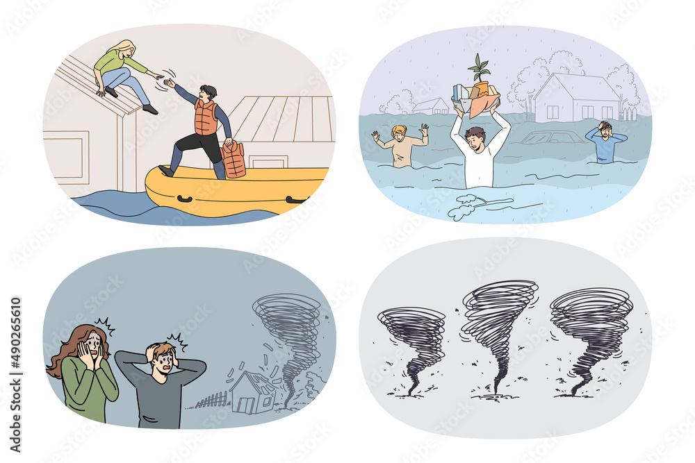 Set of unhappy frustrated people feel scared on natural disaster ...