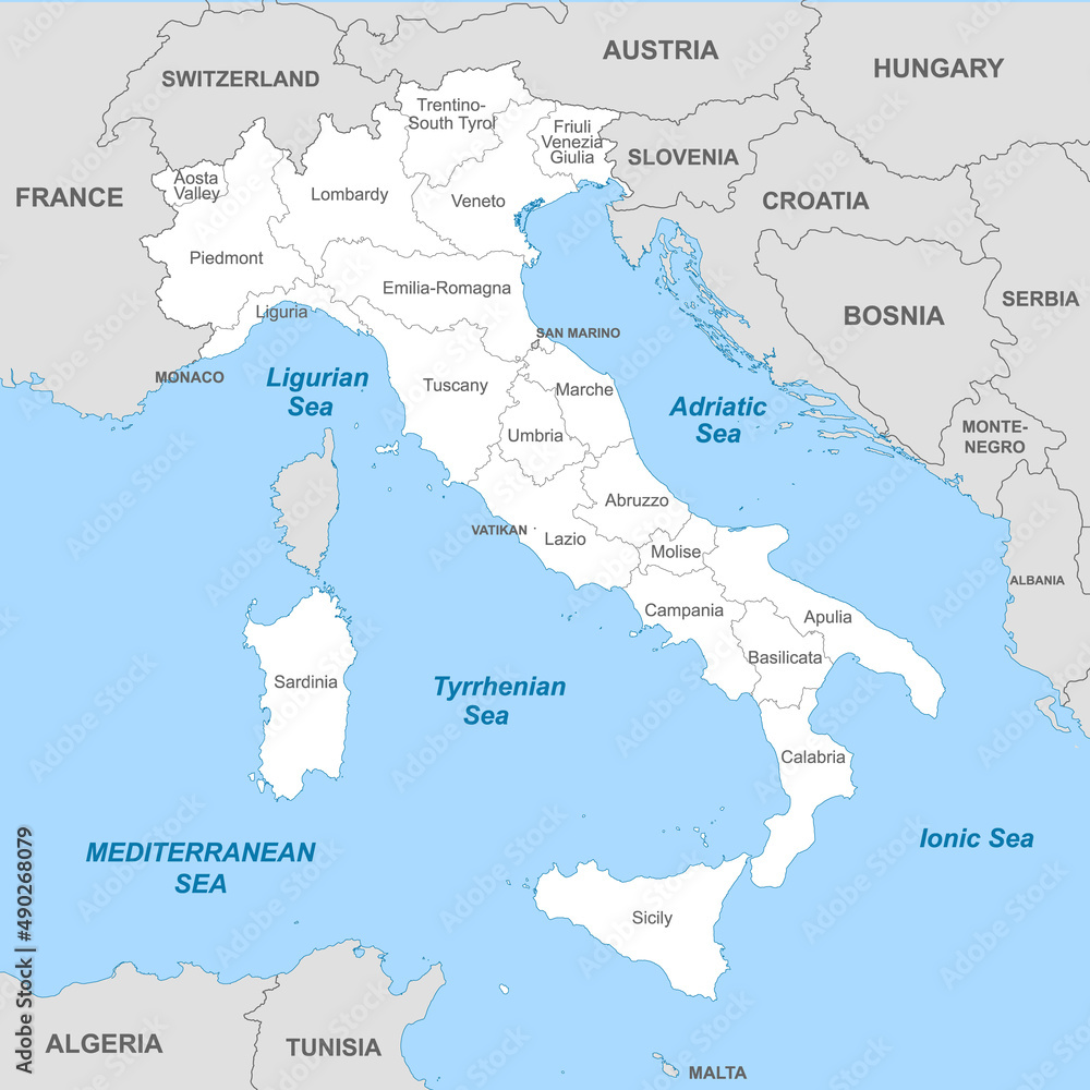 Political map of Italy with borders with borders of regions Stock ...