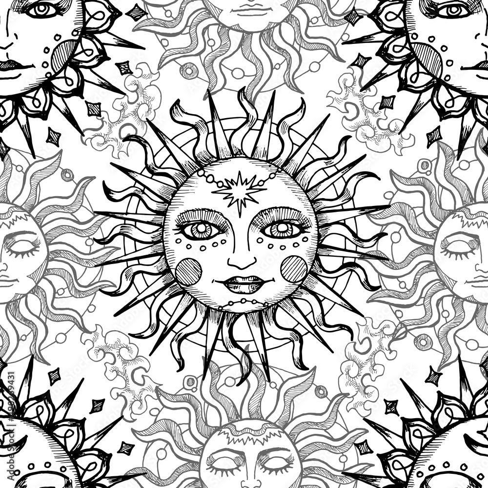 Celestial seamless pattern with fantasy mystic symbols and signs of sun ...