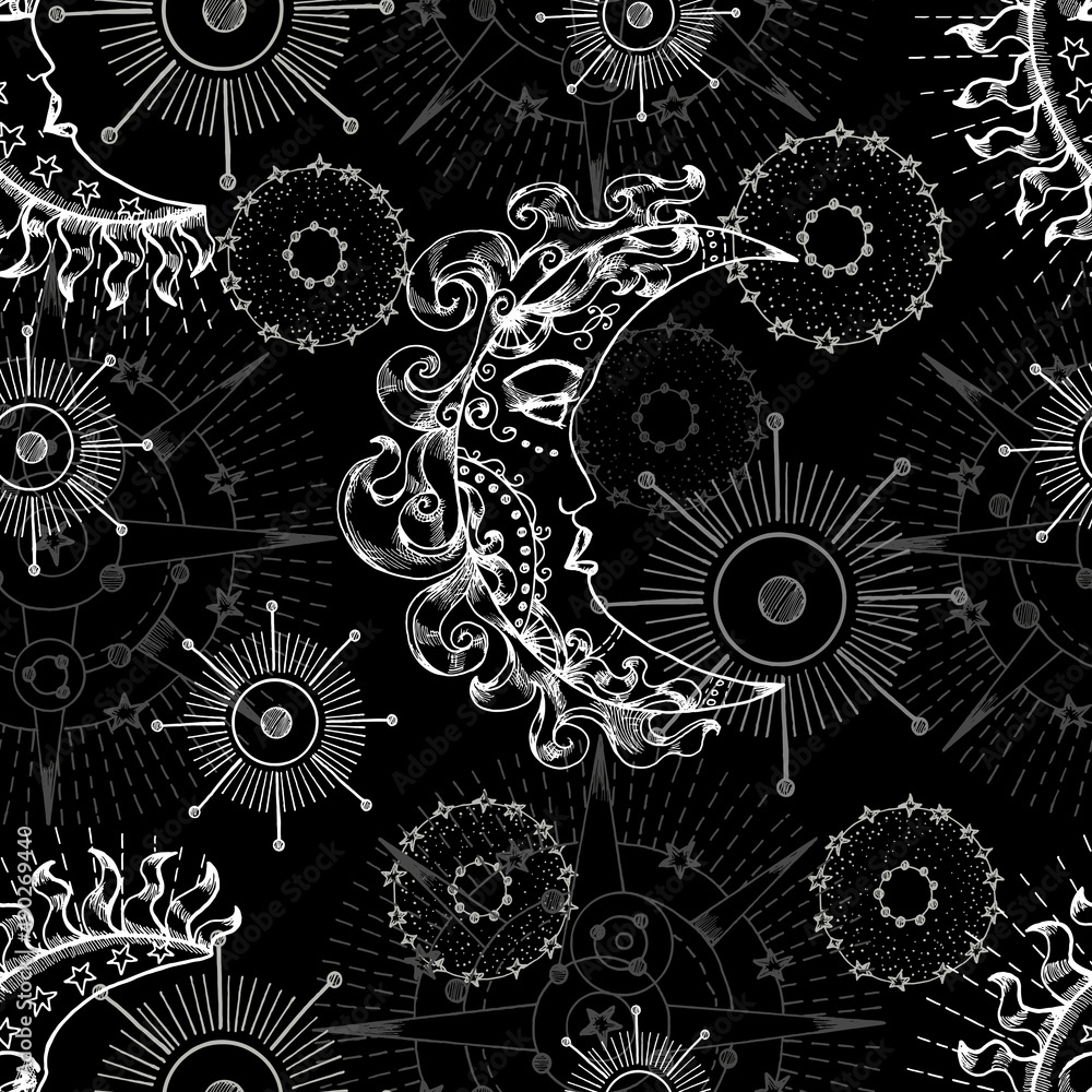 Celestial seamless pattern with fantasy mystic symbols and signs of sun ...