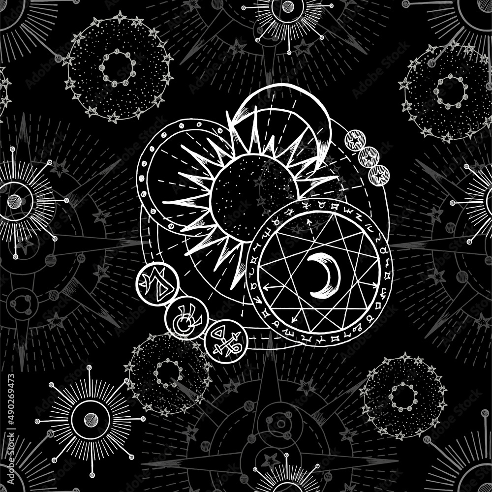 Celestial seamless pattern with fantasy mystic symbols and signs of sun ...