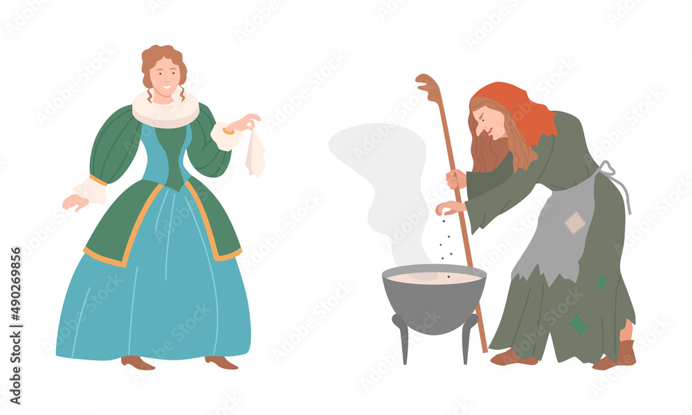 Heroes of fairy tales set. Princess and witch characters cartoon vector ...