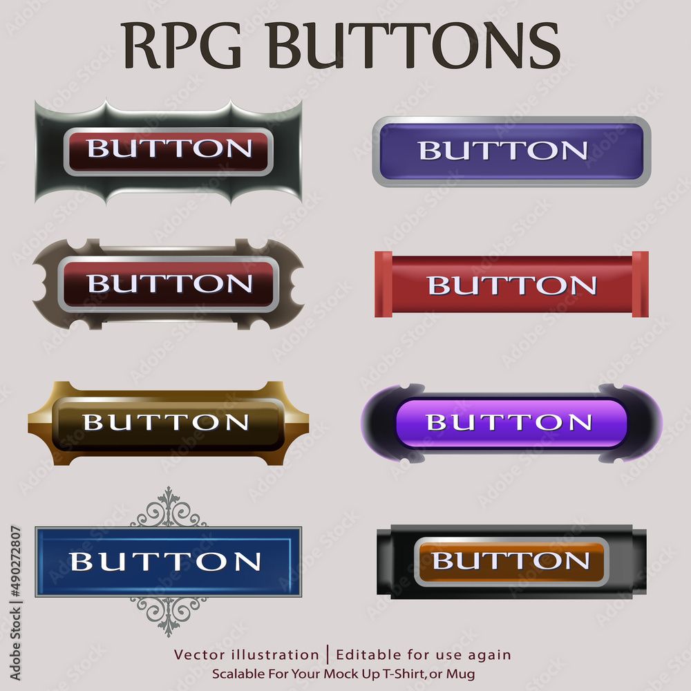 Medieval buttons, ui game menu elements, red oblong banners and gold ...