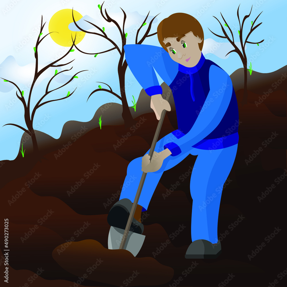 Vector illustration of an earth digging person in spring Stock Vector ...
