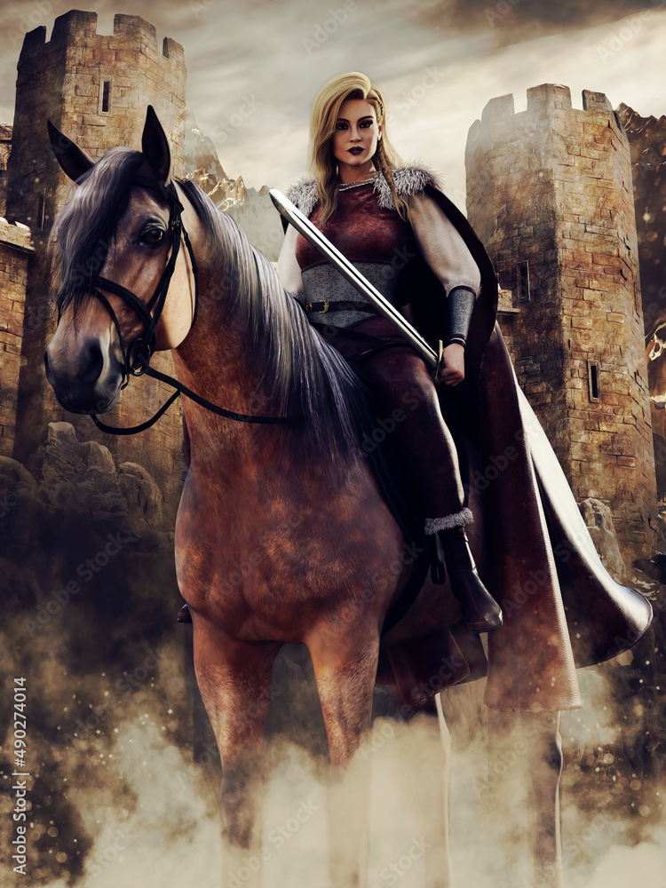Fantasy female knight with a sword sitting on a horse, in front of a ...