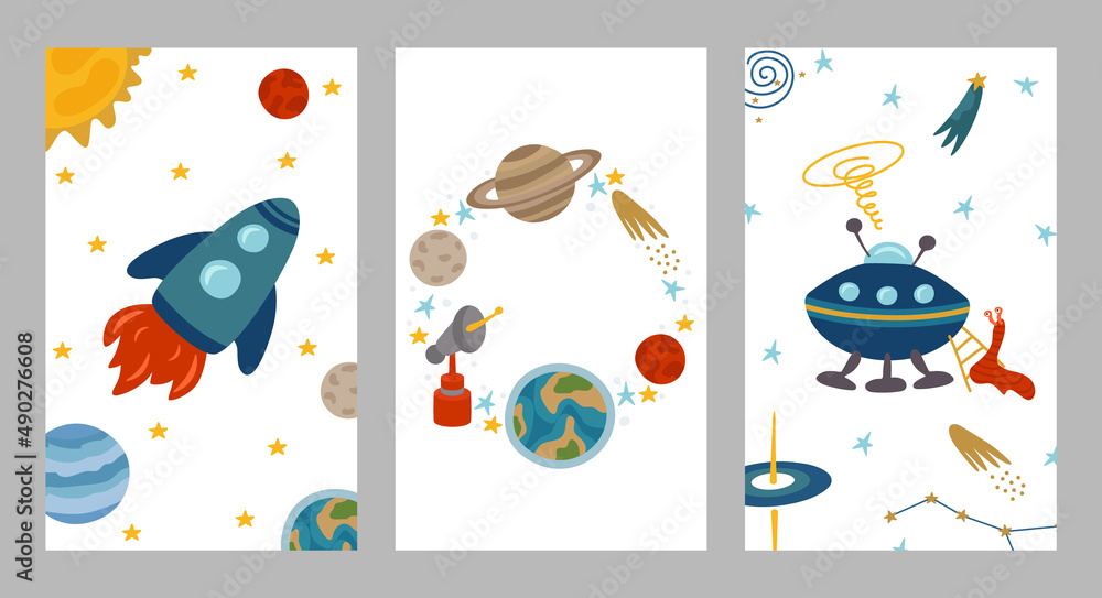 Set of space postcards for a party, themed birthday invitations ...