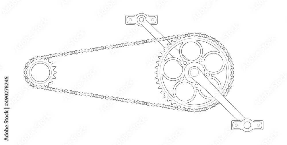 Vector black line vintage bicycle crank with chain. Fixed gear. Single ...