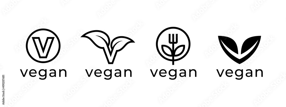 Vegan logo icon set. Plant based diet product label leaf symbols ...