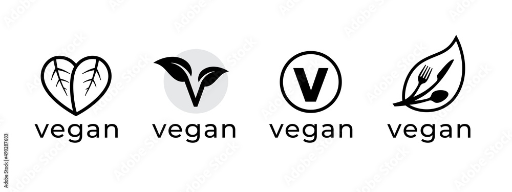 Vegan logo icon set. Plant based diet product label leaf symbols ...