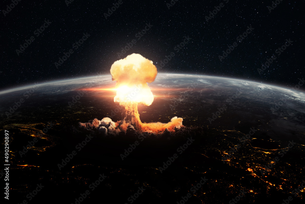 World War III. Atomic explosion on planet earth, view from space. Air ...