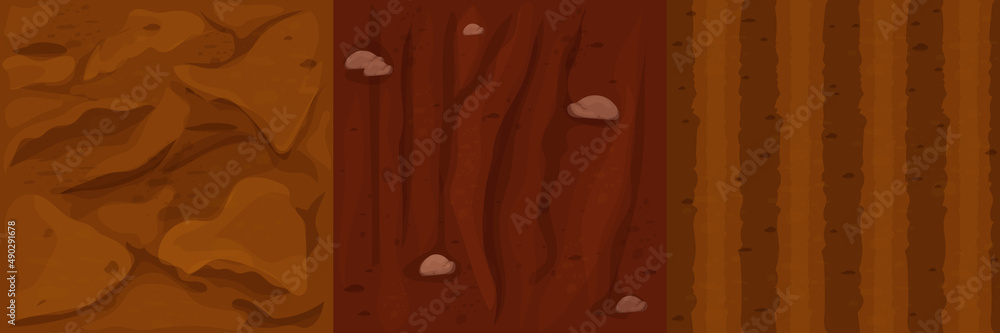 Set ground texture with stones, soil top view in cartoon style seamless ...