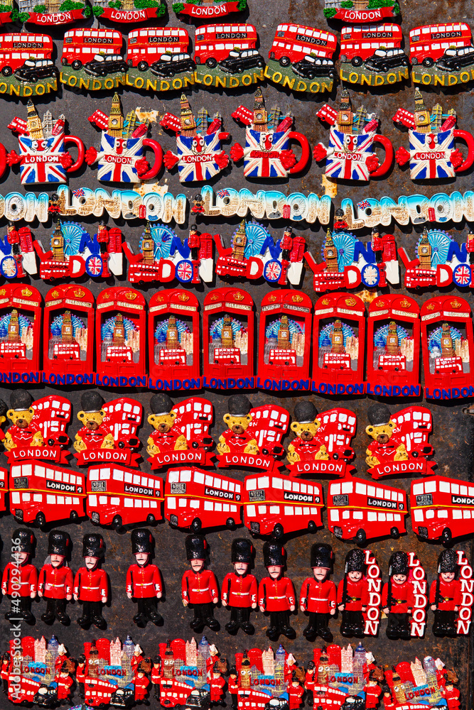 Typical London souvenir fridge magnets including red bus, Beefeater and ...