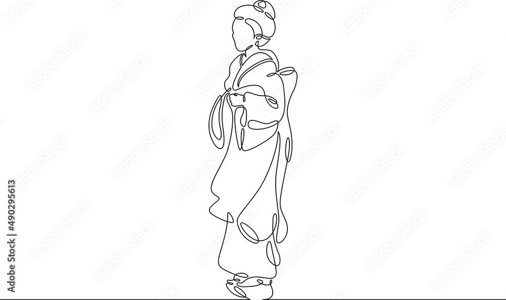 One continuous line.Japanese woman in traditional street costume ...
