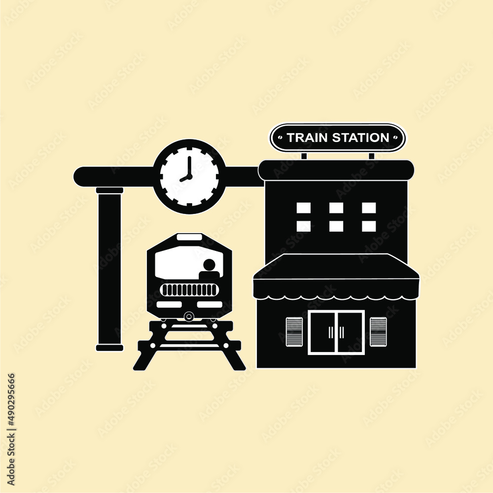 vector illustration of a train station, in black, perfect for icons ...