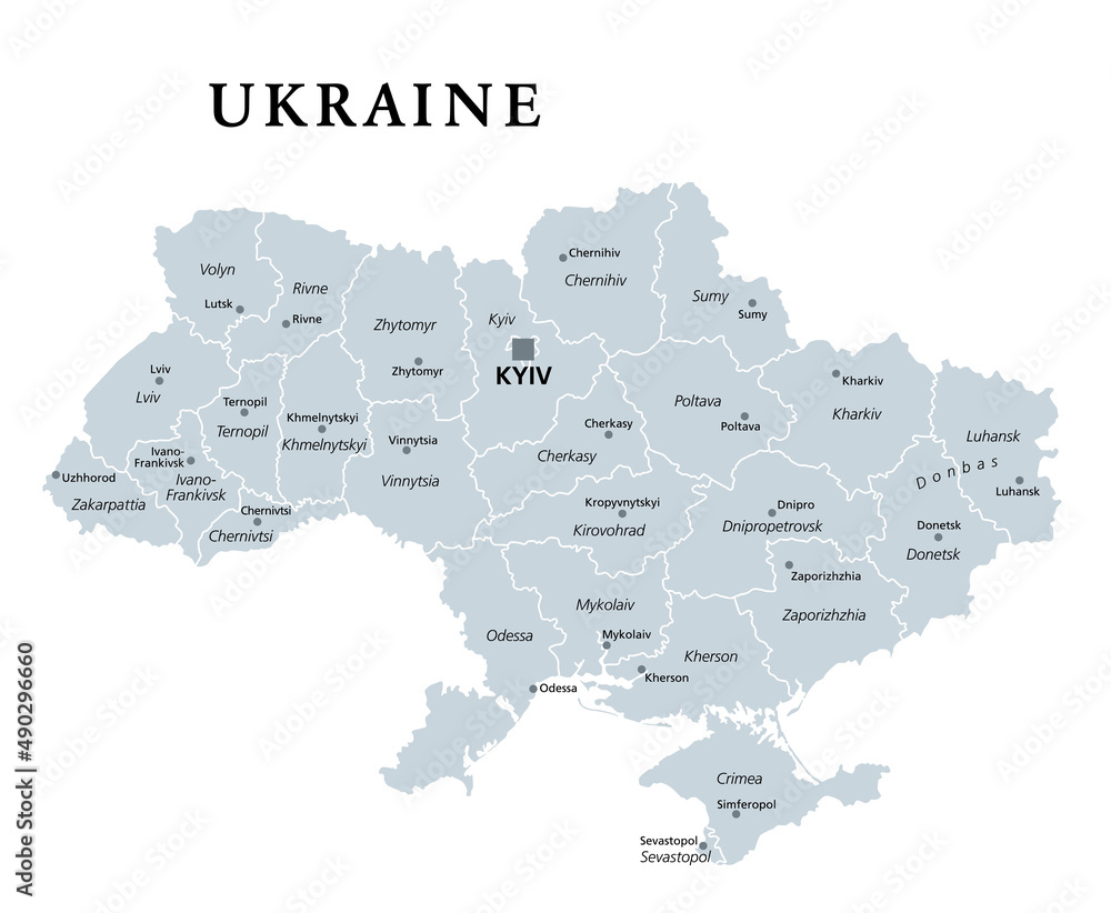 Vecteur Stock Ukraine, country subdivision, gray political map ...