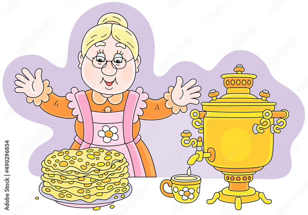 Happy granny with tasty traditional pancakes and an old village samovar ...