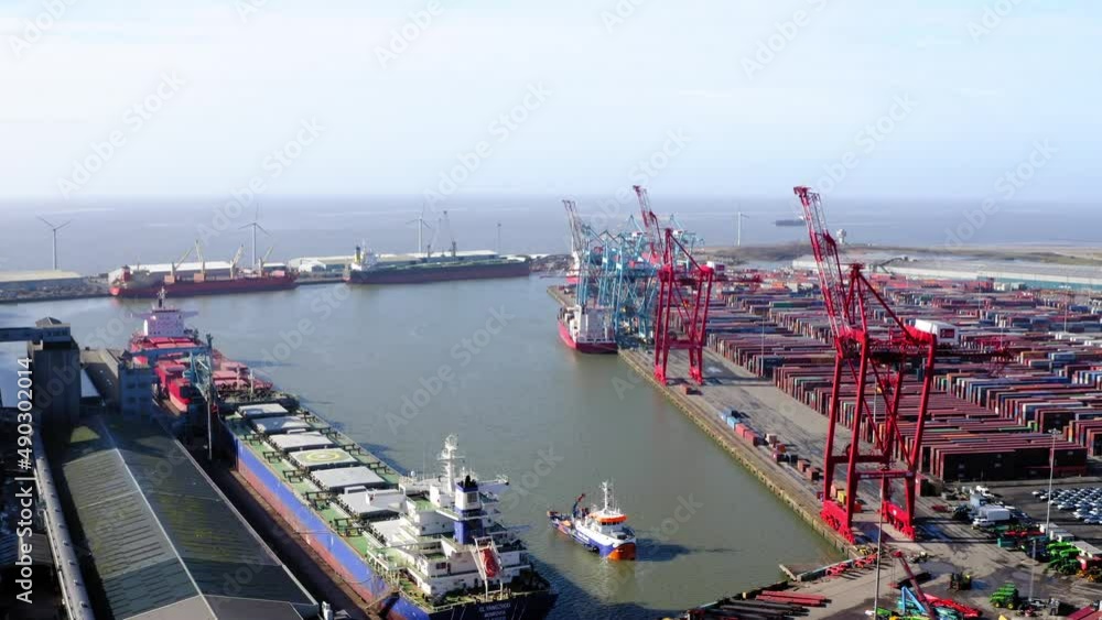 Ship dock yard with tower cranes. Bootle docks Liverpool showing ship ...