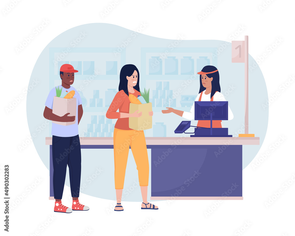 Angry customer 2D vector isolated illustration. Shop buyer. Woman feels ...