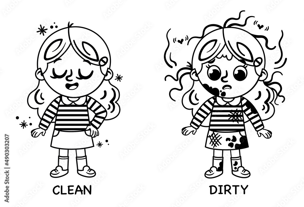 Educational illustration for kids that teaches the opposites of clean ...