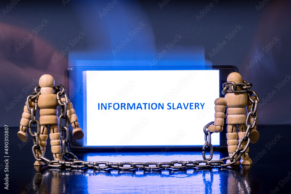 People chained up look at the phone display and blurry translucent ...