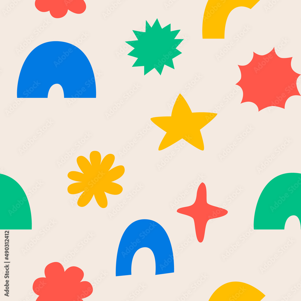 Cute childish seamless pattern with abstract shapes. Star, sun ...