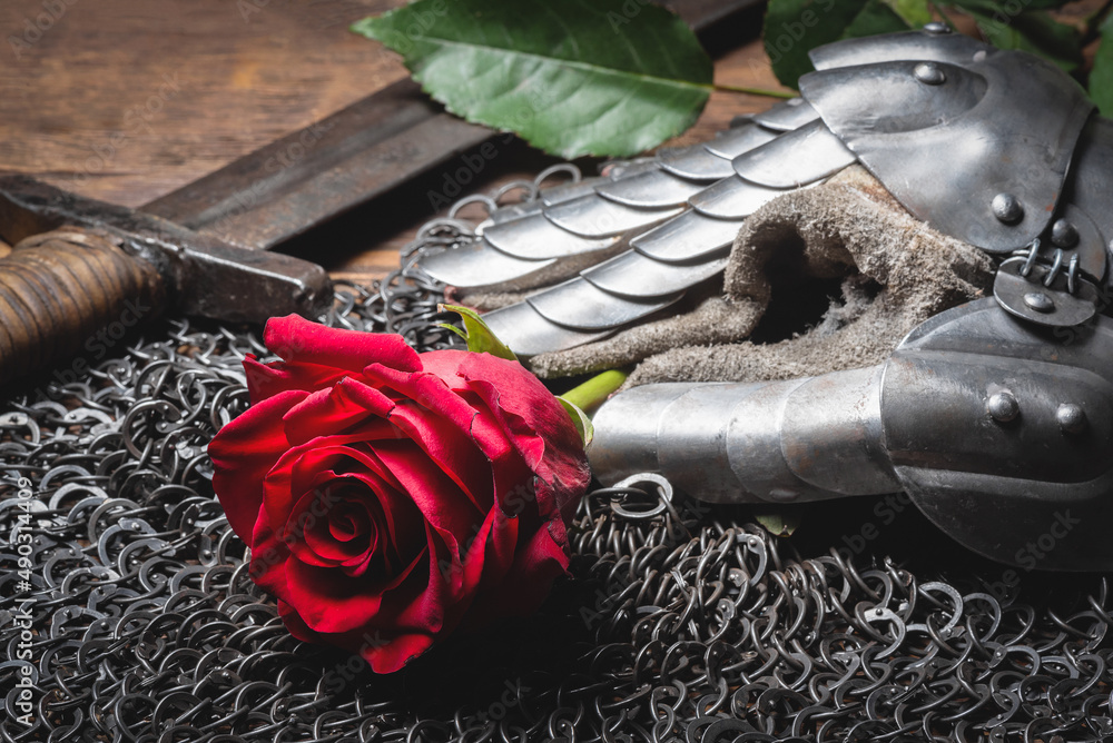 Red rose flower in the knight armor glove close up. Medieval romance ...