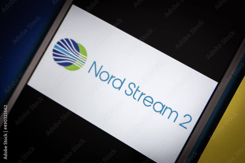 Kumamoto, JAPAN - Mar 1 2022 : The logo of Nord Stream 2, a natural gas ...