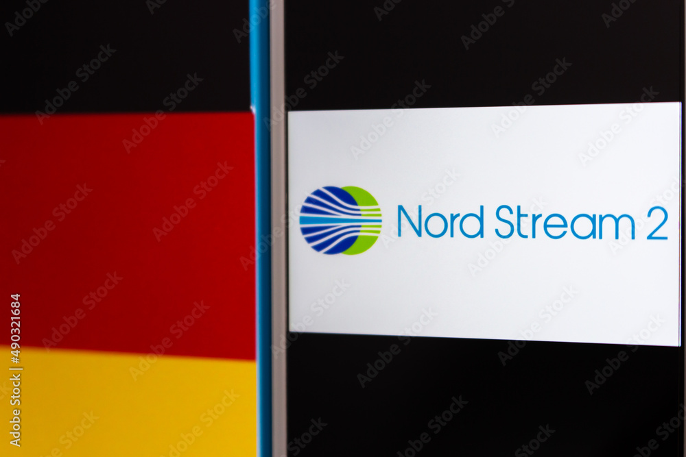 Kumamoto, JAPAN - Mar 1 2022 : The Nord Stream 2 logo on iPhone on the ...