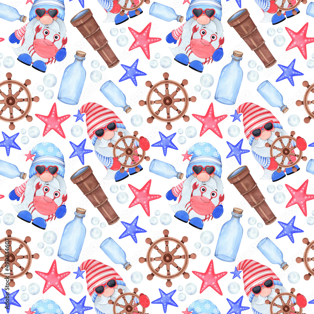 Seamless pattern with starfish, ship, crab, anchor, lifebuoy ...