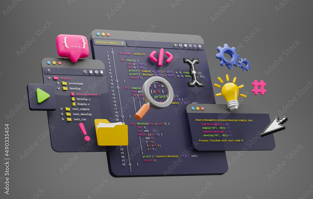Programmer developer typing script source languages coding symbols icon development project data ...