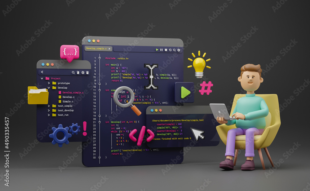 Poster Programmer developer typing script source languages coding symbols icon development ...