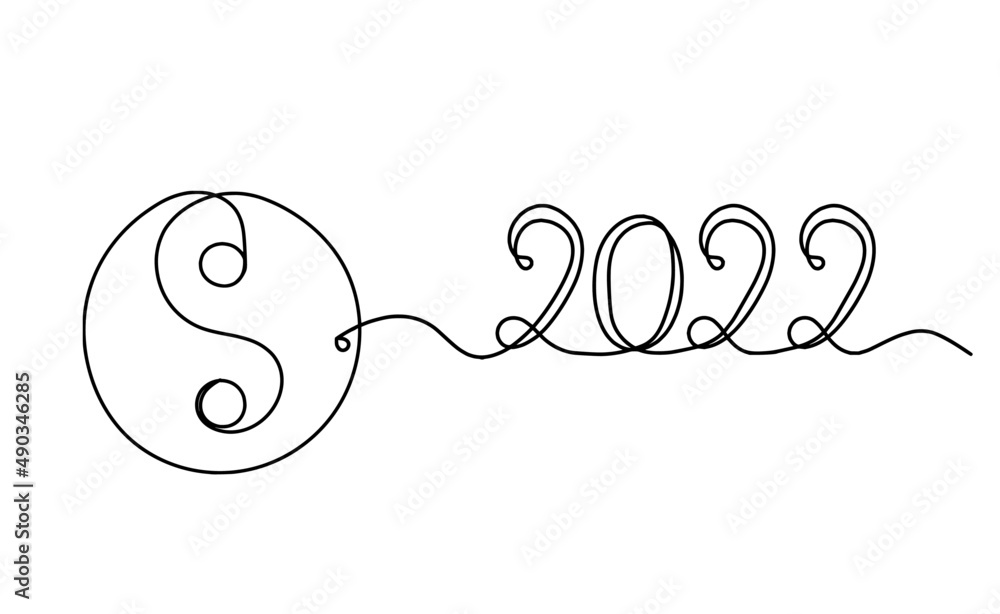 Sign of yin and yang with 2022 year as line drawing on white background ...