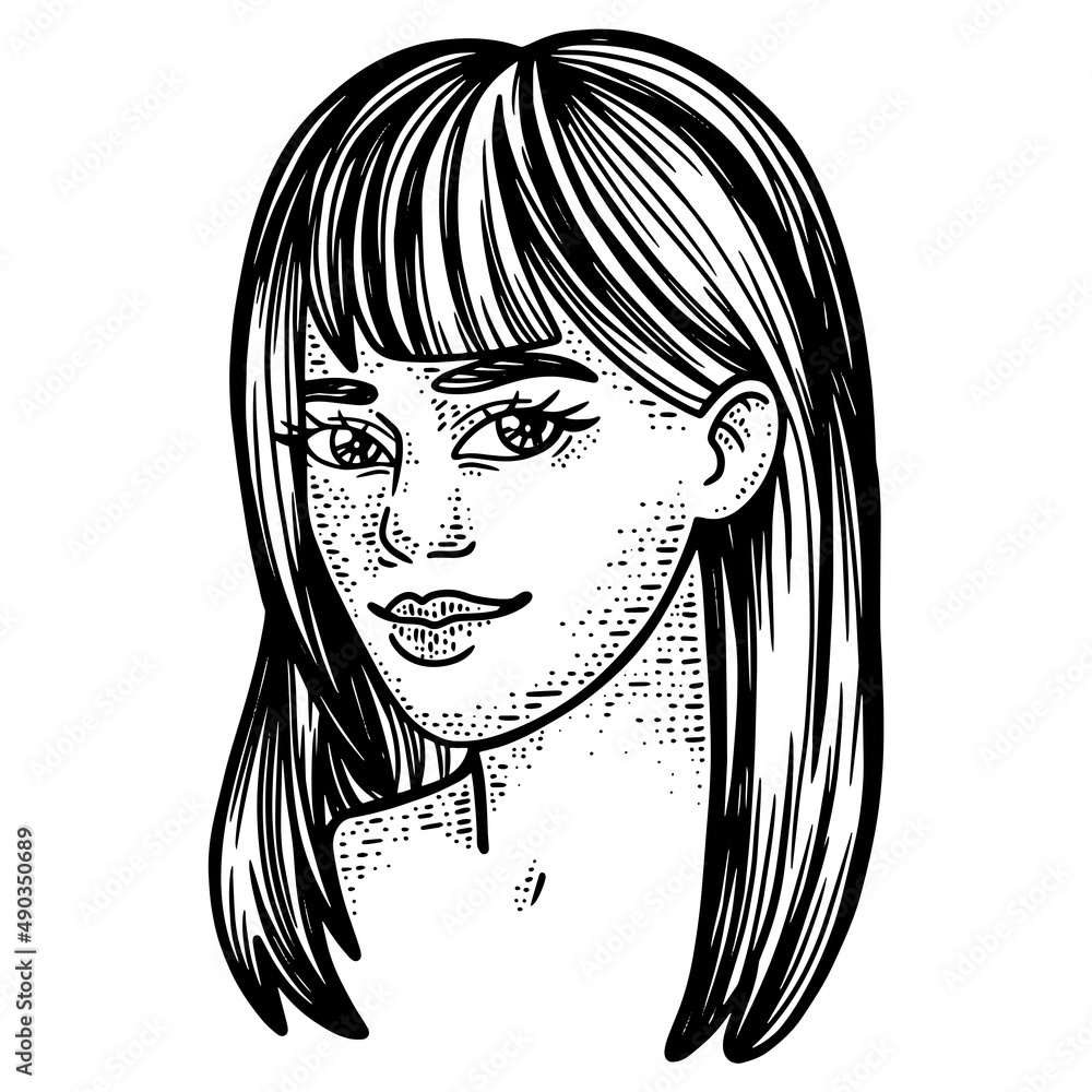 Girl Face Line Art Sketch Picture Hand Drawn Stock Vector Adobe Stock