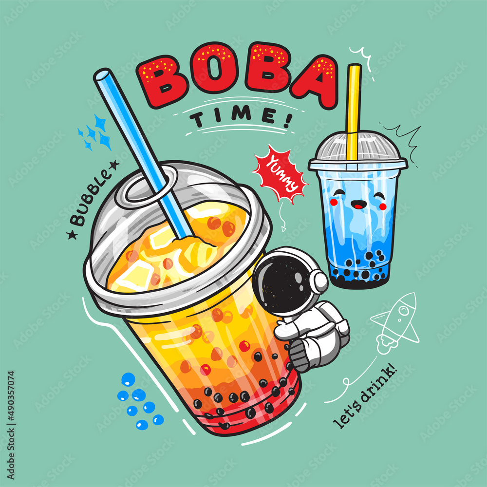 Bubble tea banner poster. Bubble tea with fruits and berries Milkshake ...