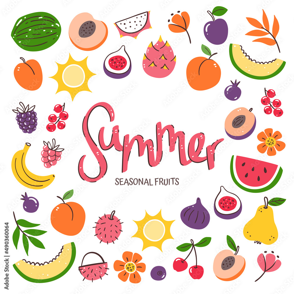Seasonal fruits background. Summer fruit composition made of colorful ...