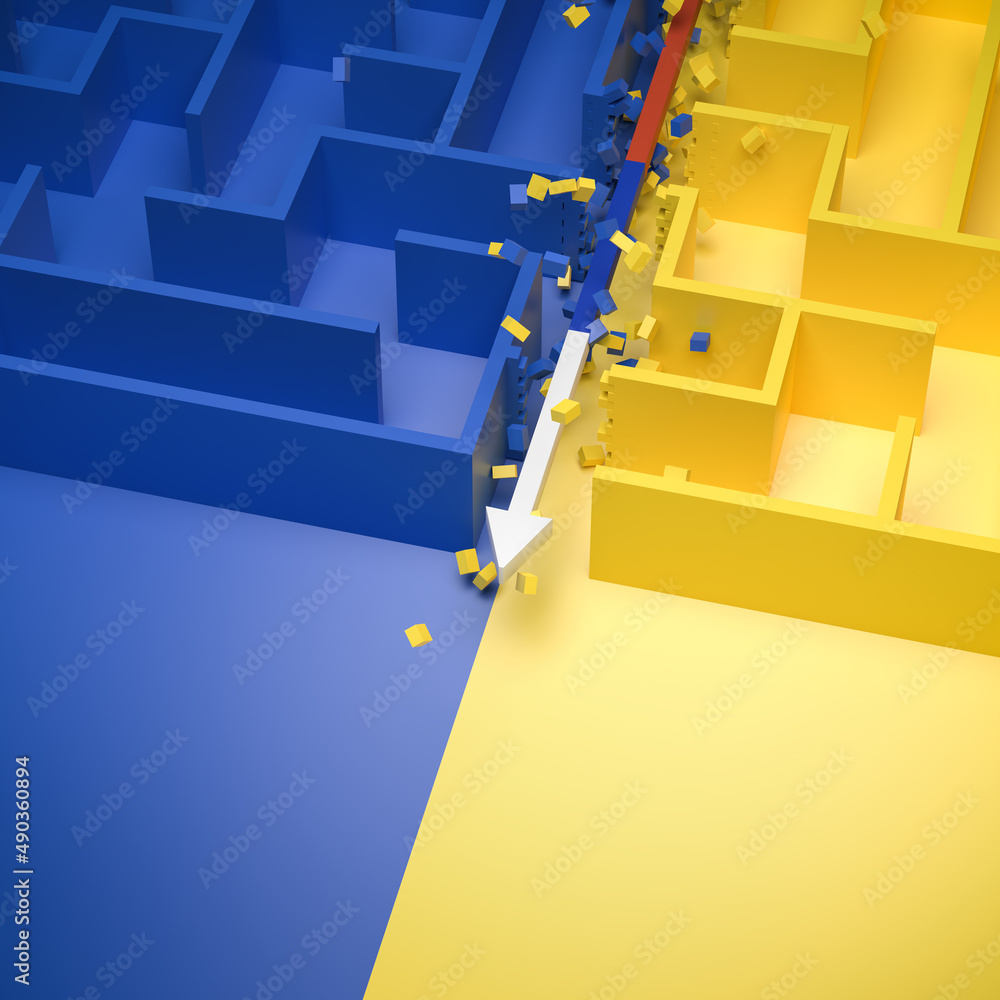 Russian invasion into Ukraine concept. A maze in the color of the ...