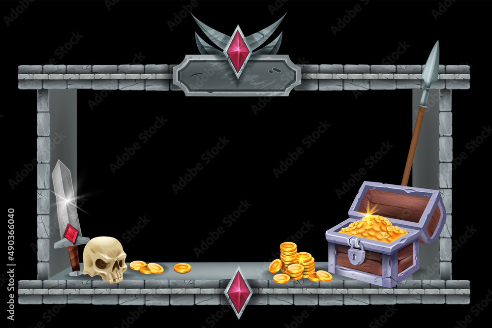 Stone game frame, vector UI rock screen design element, medieval castle ...