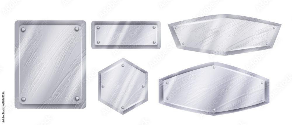 Metal badge set, vector silver label icon, steel glossy scratched ...