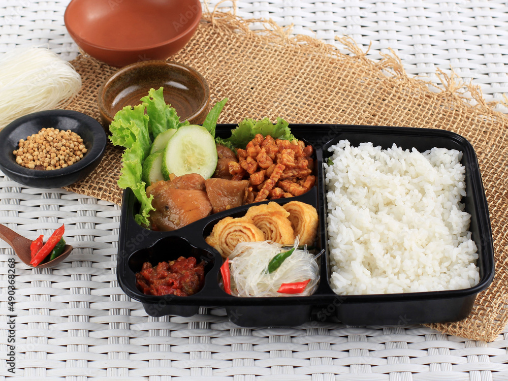 Rice Box or Indonesian Nasi Kotak with Soy Sauce Chicken, Oreg Tempeh ...