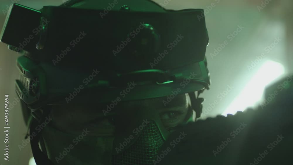 Close Up shot of portrait of special force soldier or laser tag player ...