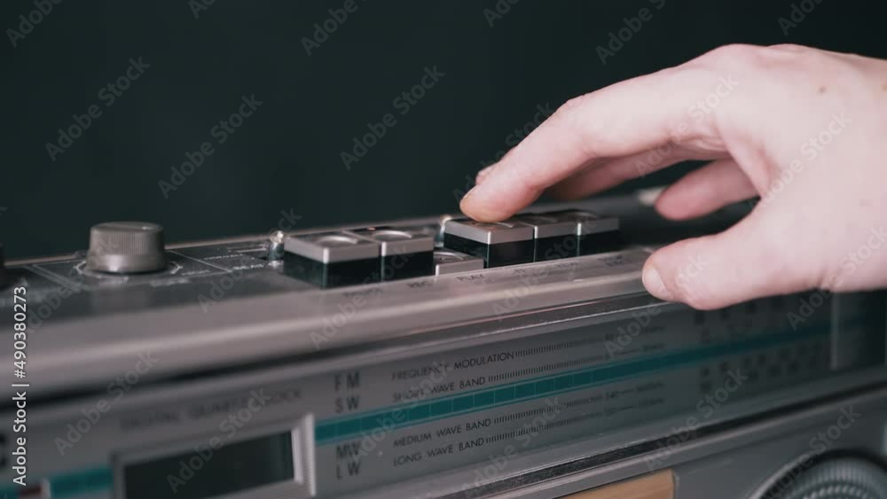 Female Fingers Pressing Buttons on an Old Vintage Tape Recorder in Dark ...