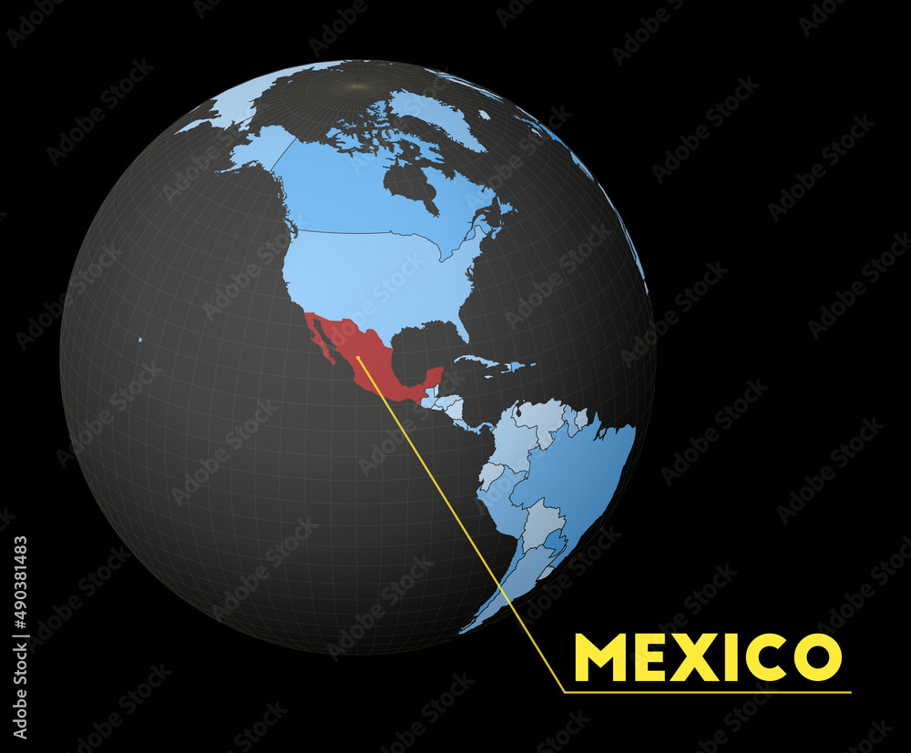 Mexico on dark globe with blue world map. Red country highlighted ...