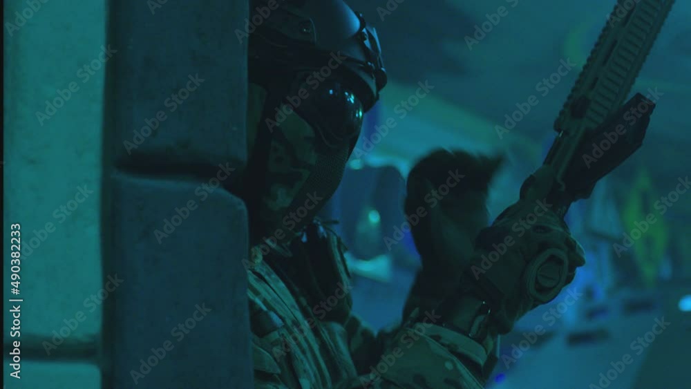 Stockvideon Close up shot of portrait of special force soldier or swat ...