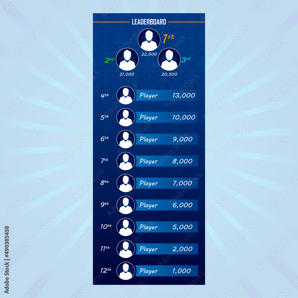 Game Leaderboard design with blue page header. List of players with ...