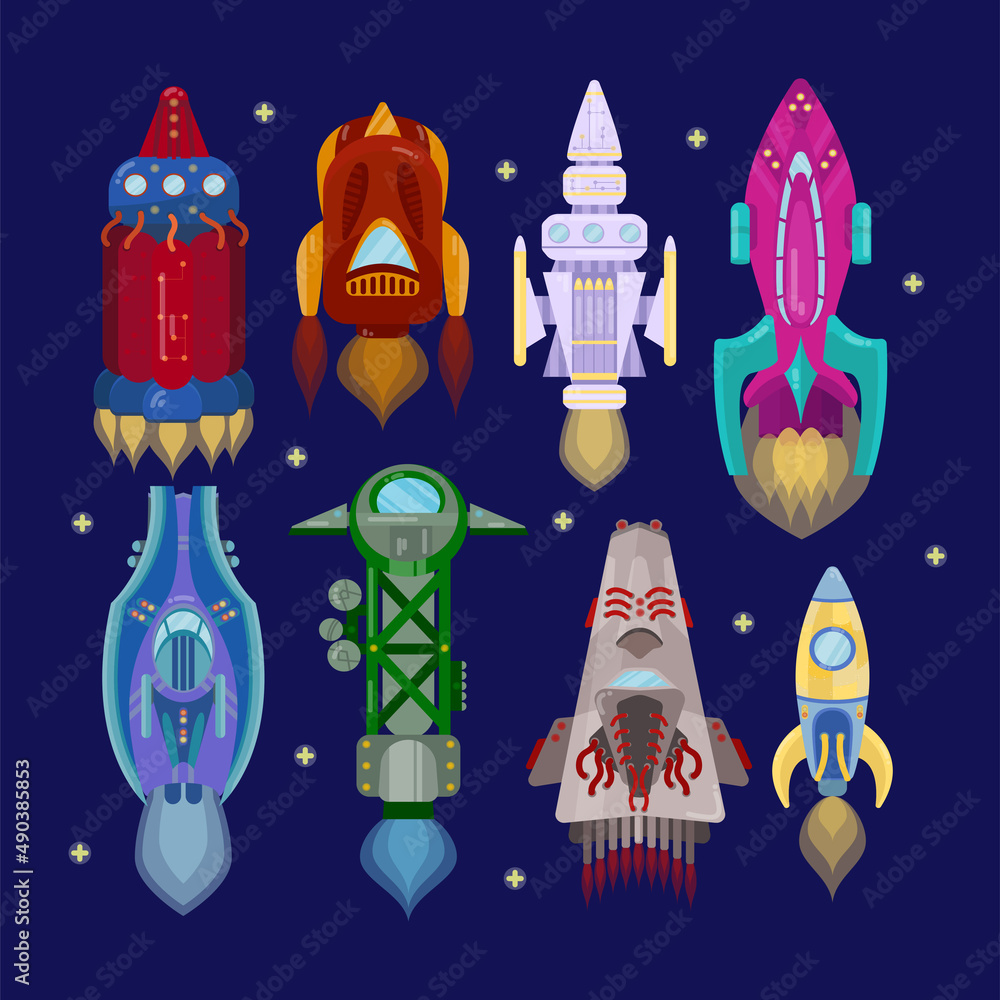 Colorful rocket ships cartoon illustration set. Various shapes UFO ...
