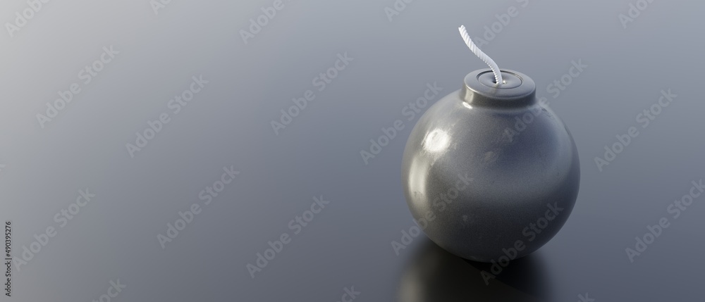 Bomb on grey color background. Arm and weapon. Explosion and danger. 3d ...