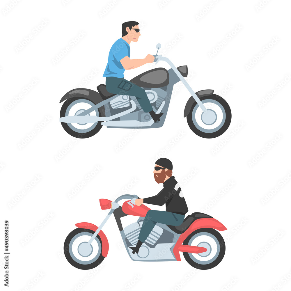 People riding motorcycles set. Young men using two wheeled transport ...