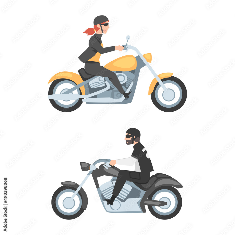 Bikers riding motorcycles set. Young men using two wheeled transport ...