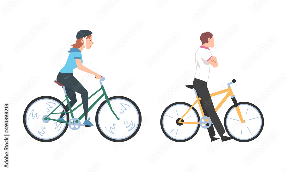 People riding bicycles set. Young man and woman using two wheeled ...