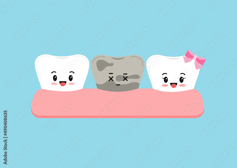 Sad dead tooth in gum with healthy teeth kids dentistry icon isolated ...